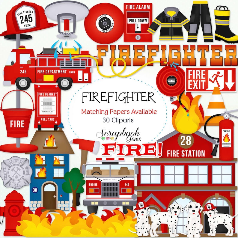 FIREFIGHTER Clipart & Papers Kit, 30 Png Clip Arts, 22 Jpeg Papers ...