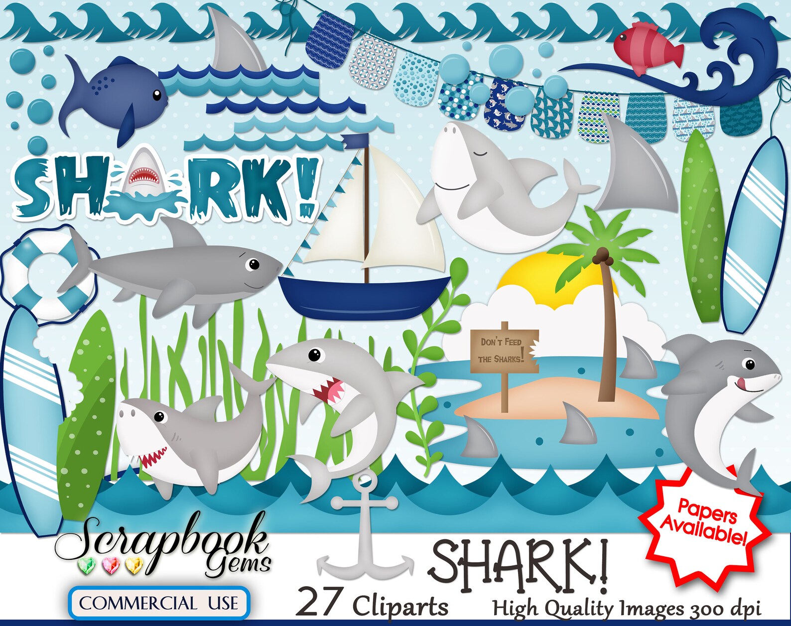 SHARK Clipart & Papers Kit 27 Png Clipart Files 24 Jpeg - Etsy