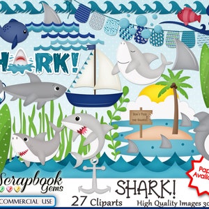 SHARK Clipart & Papers Kit, 27 Png Clipart Files, 24 Jpeg Paper Files ...