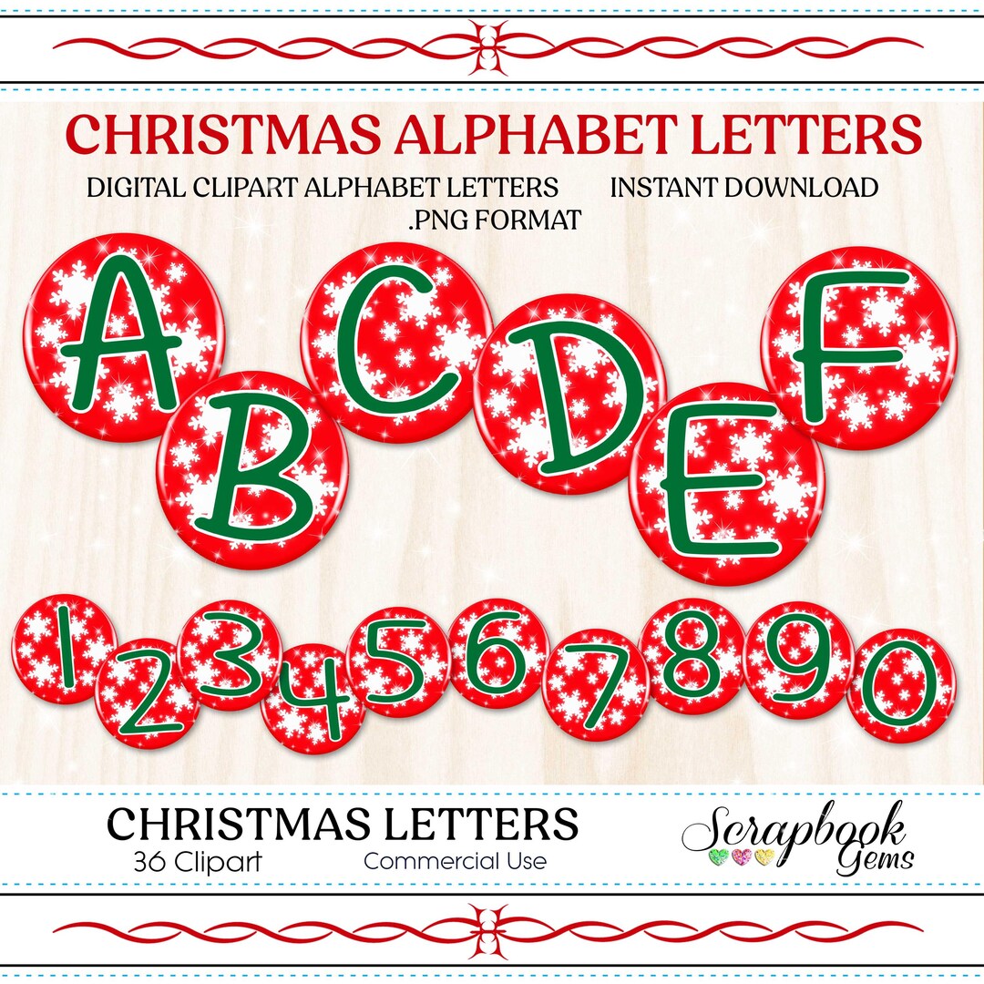 Christmas Flairs Letters & Numbers Digital Clipart, 37 High Quality PNG ...