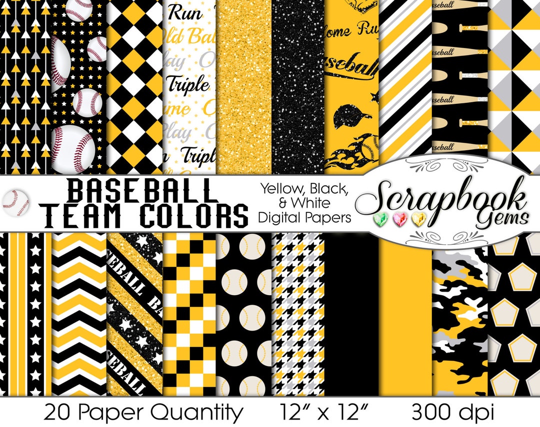 Baseball Digital Papers Yellow, White, & Black, 20 Pieces, 12" X 12 ...