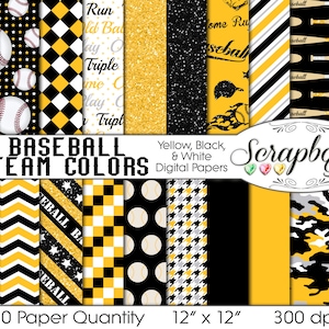 Baseball Digital Papers Yellow, White, & Black, 20 Pieces, 12" X 12 ...