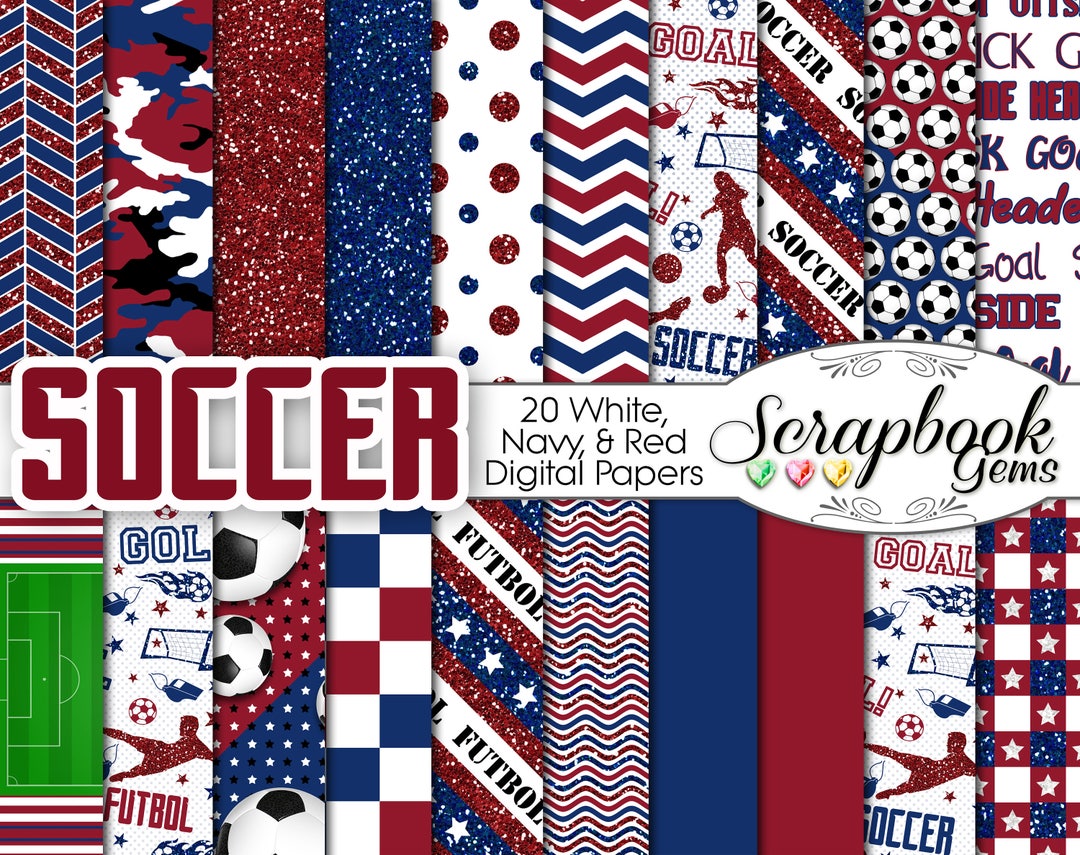 SOCCER Futbol Digital Papers Red, White, & Blue 20 Pieces, 12" X 12 ...