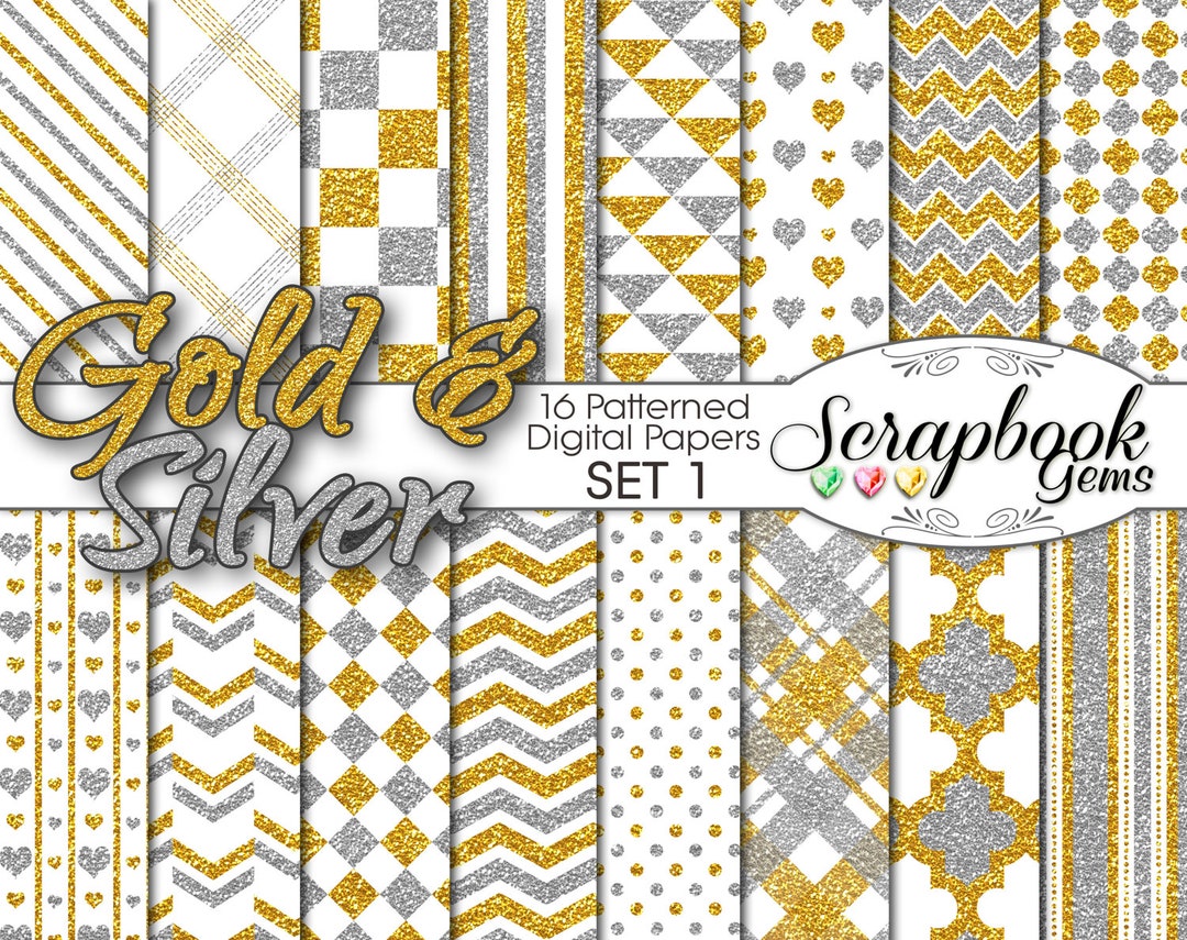 White, Silver, & Gold Digital Papers SET 1, 16 Pieces 12" X 12", High ...