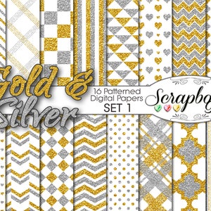 White, Silver, & Gold Digital Papers SET 1, 16 Pieces 12" X 12", High ...