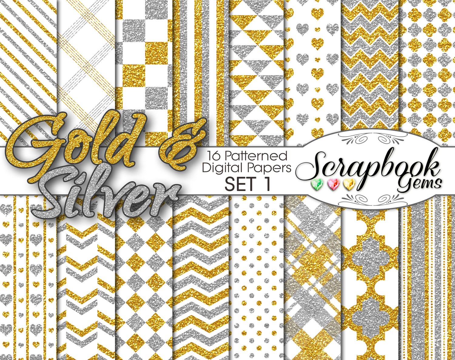 White, Silver, & Gold Digital Papers SET 1, 16 Pieces 12" X 12", High ...