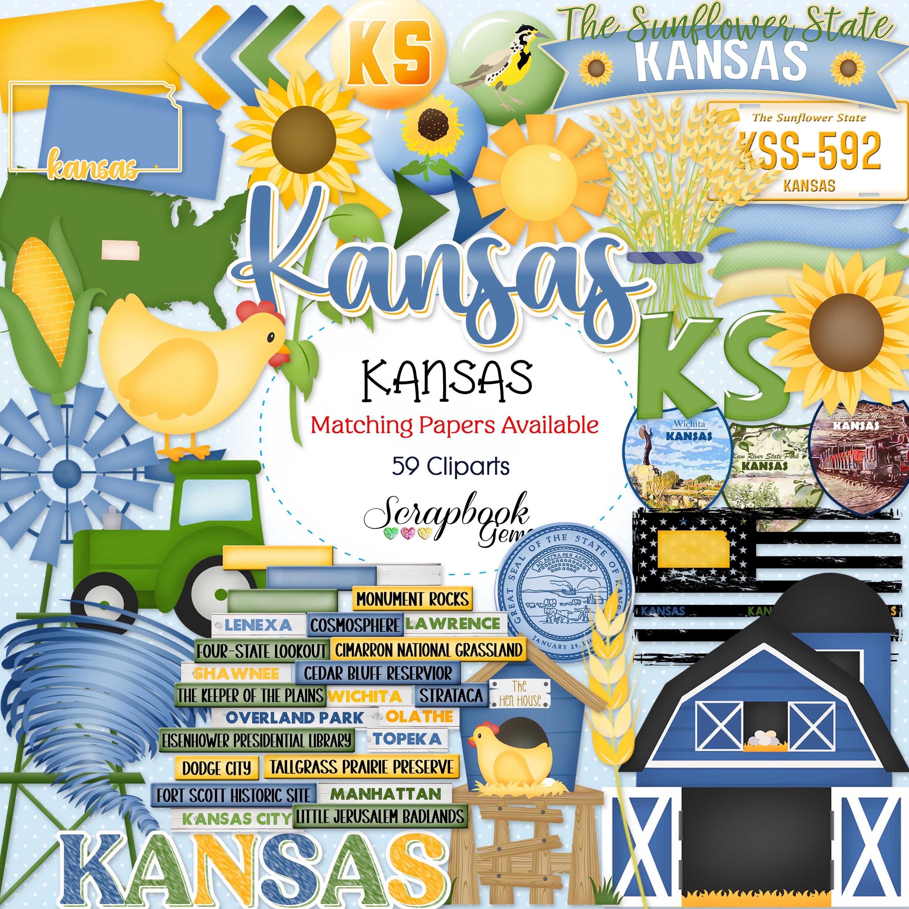 KANSAS Clipart and Papers Kit, 59 Png Clip Arts, 20 Jpeg Papers Instant ...