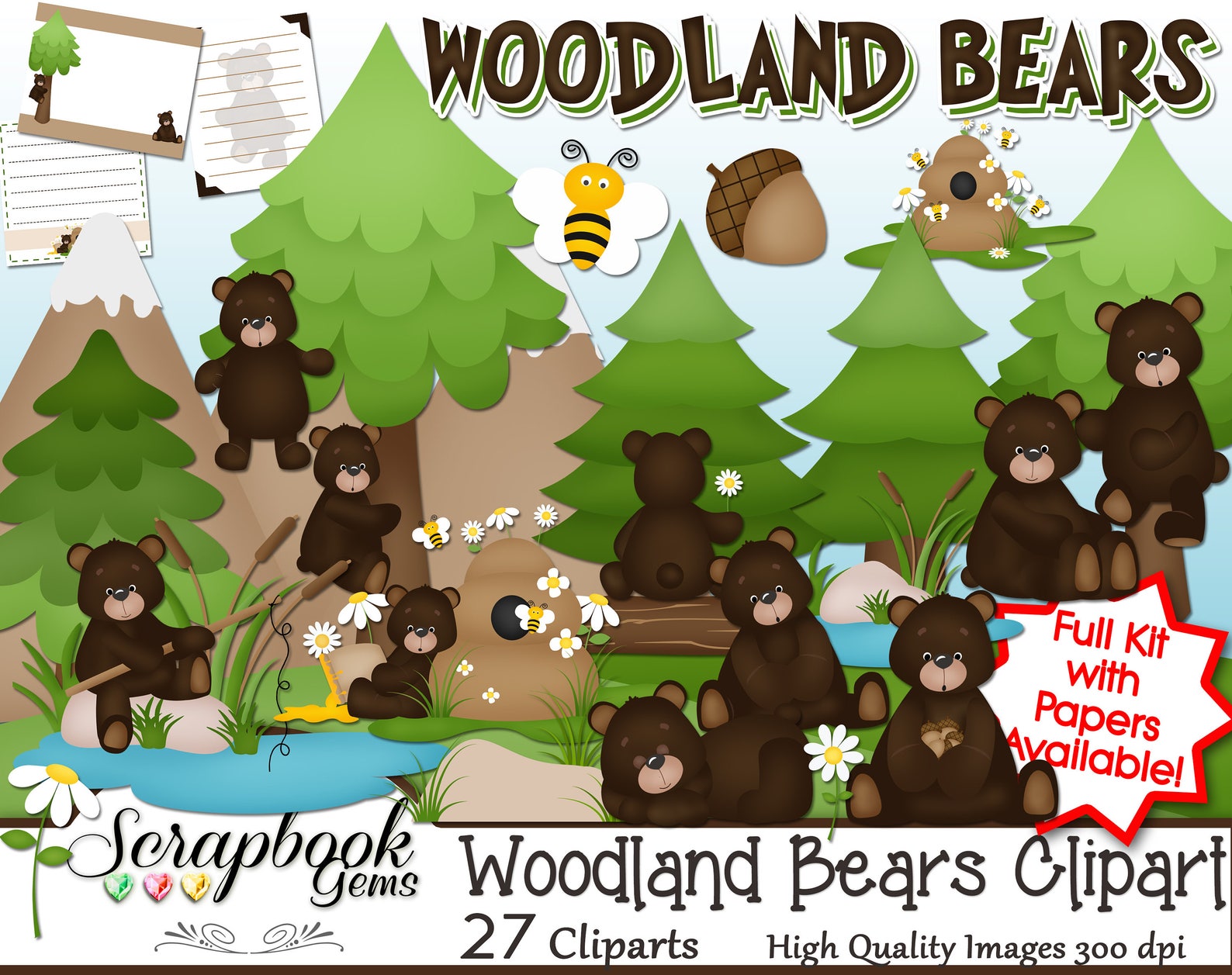 WOODLAND BEARS Clipart and Papers Kit 27 Png Clip Arts 24 | Etsy