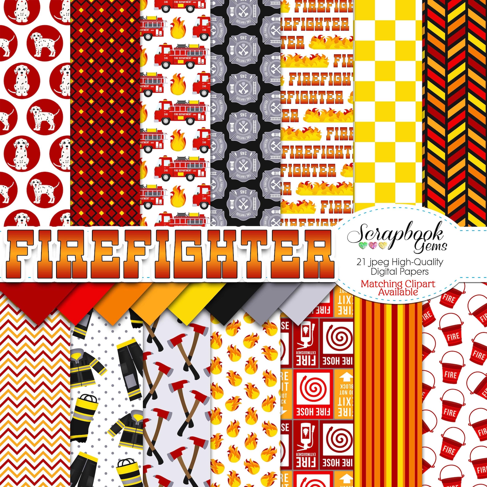 FIREFIGHTER Clipart & Papers Kit, 30 Png Clip Arts, 22 Jpeg Papers ...