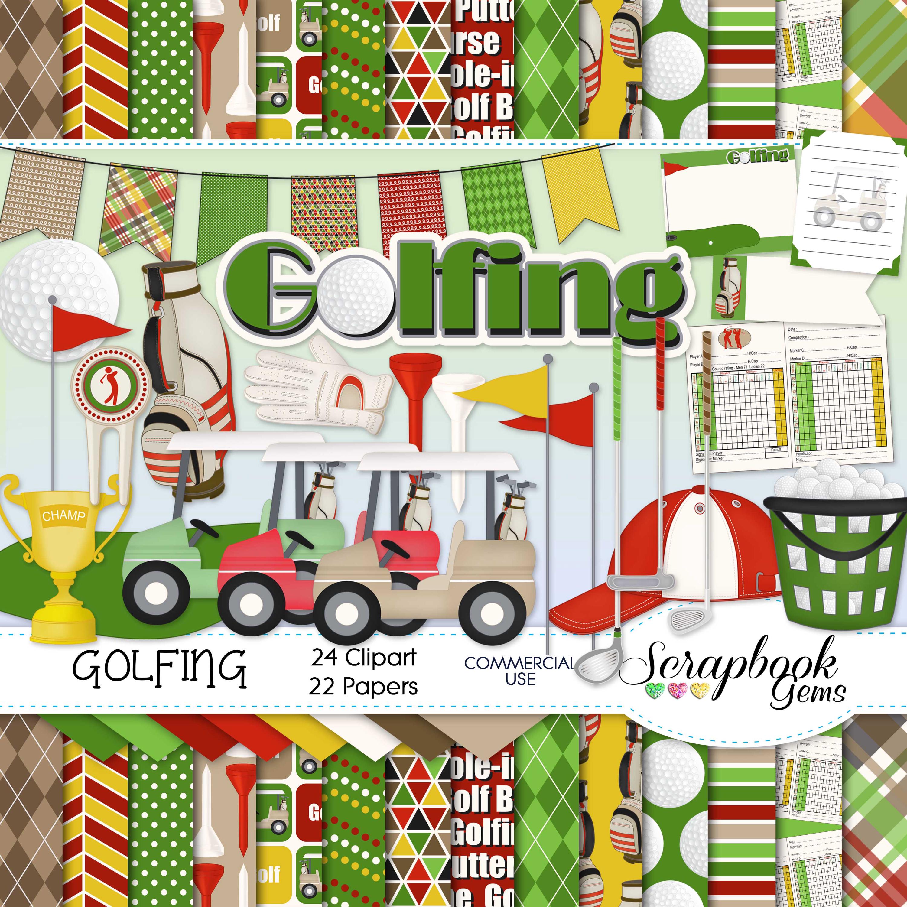 GOLFING Clipart and Papers Kit, 24 Png Clip Arts, 22 Jpeg Papers ...