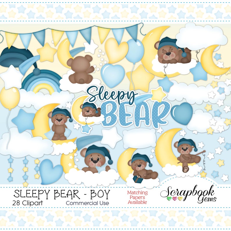 SLEEPY BEAR - BOY Clipart, 28 Png Clipart Files Instant Download Baby ...