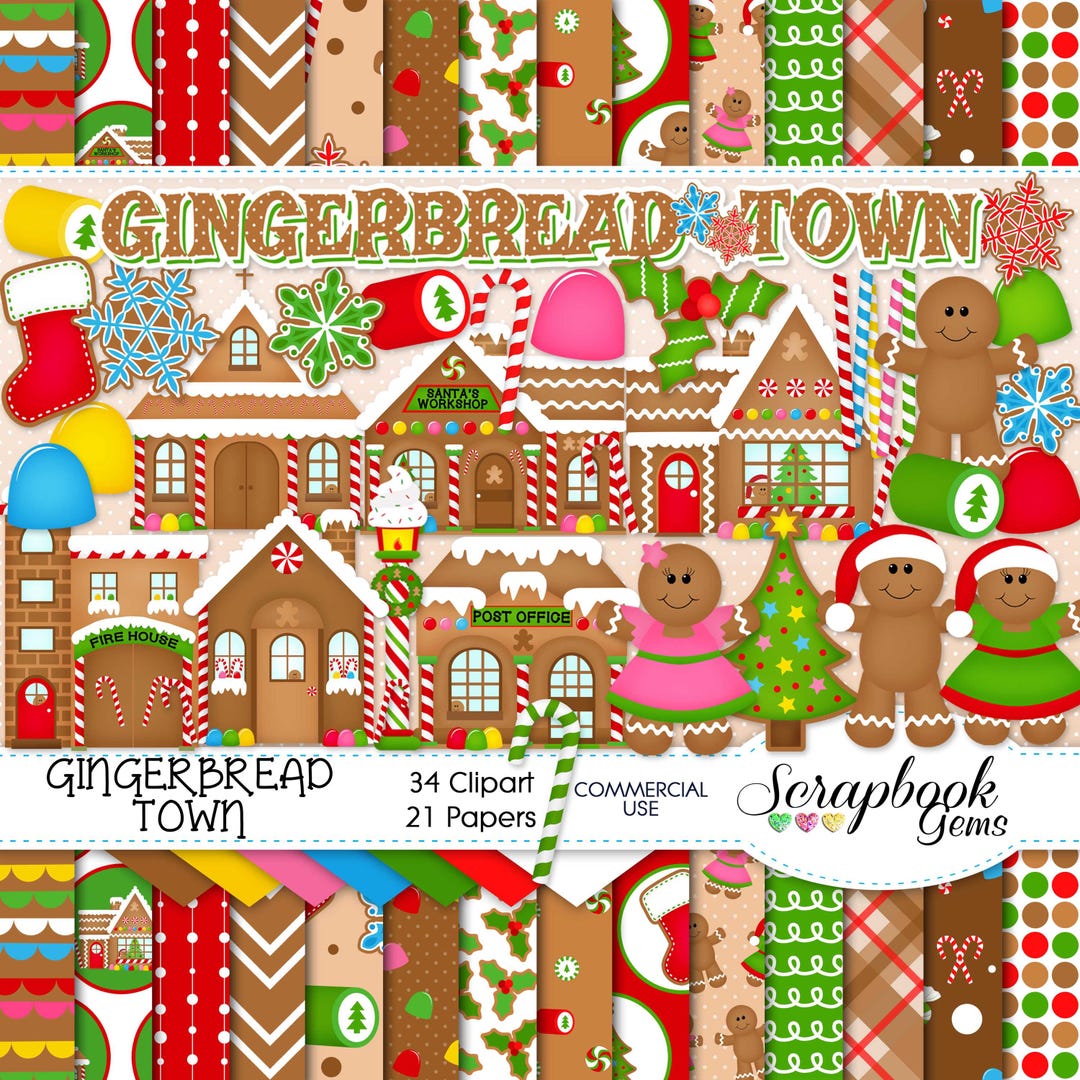GINGERBREAD TOWN Clipart and Papers Kit, 34 Png Clip Arts, 21 Jpeg ...