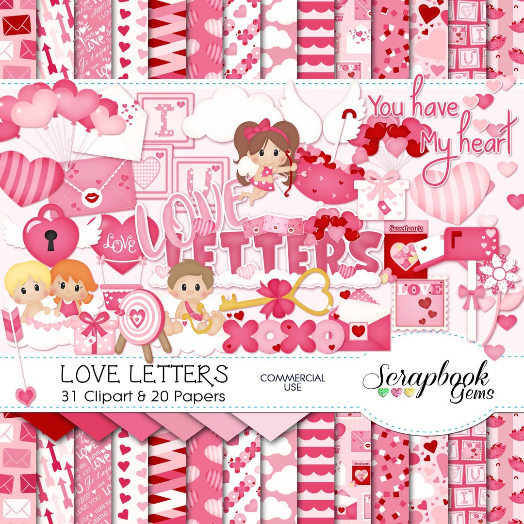 LOVE LETTERS Clipart & Papers Kit, 31 Png Clipart Files, 20 Jpeg Paper ...