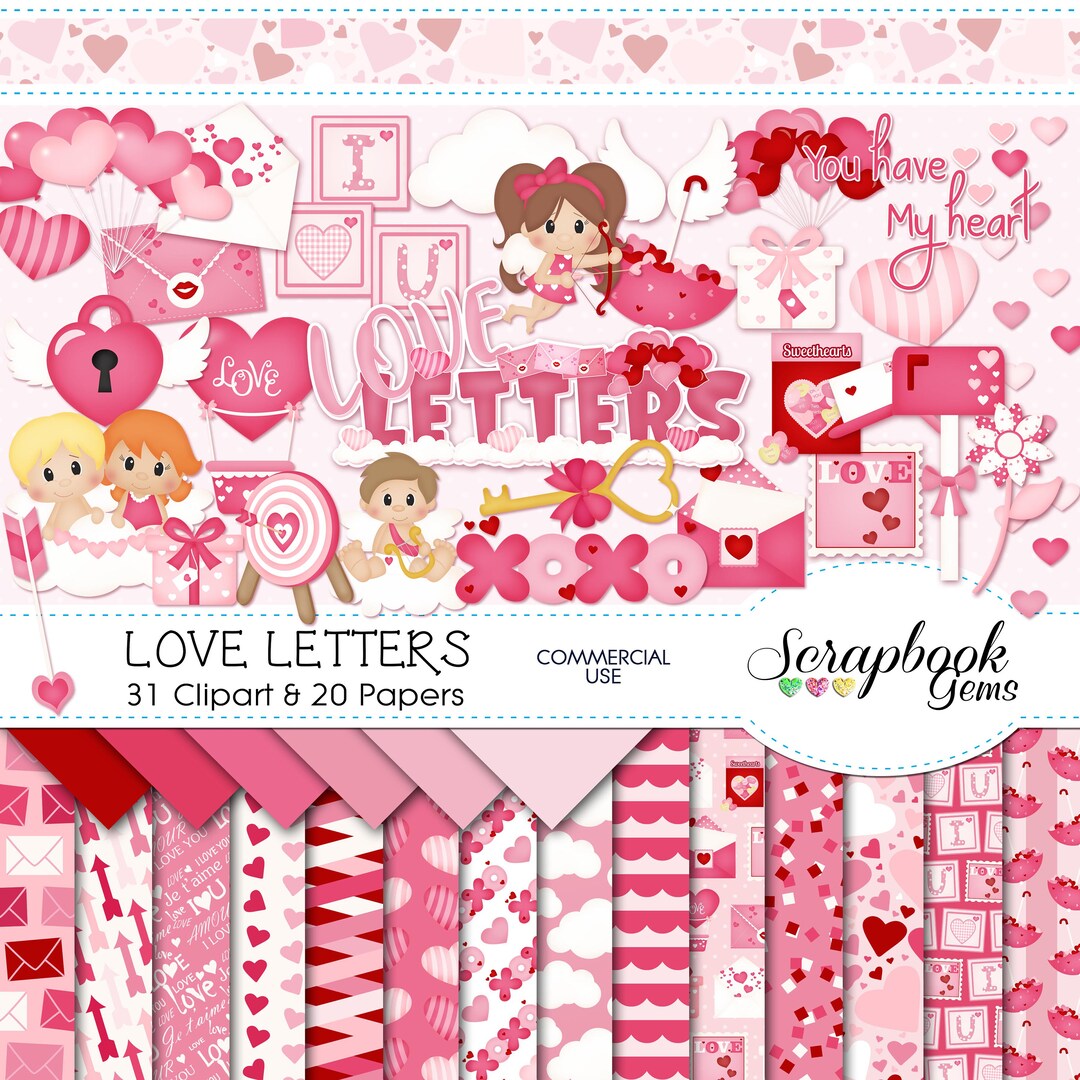 LOVE LETTERS Clipart & Papers Kit, 31 Png Clipart Files, 20 Jpeg Paper ...