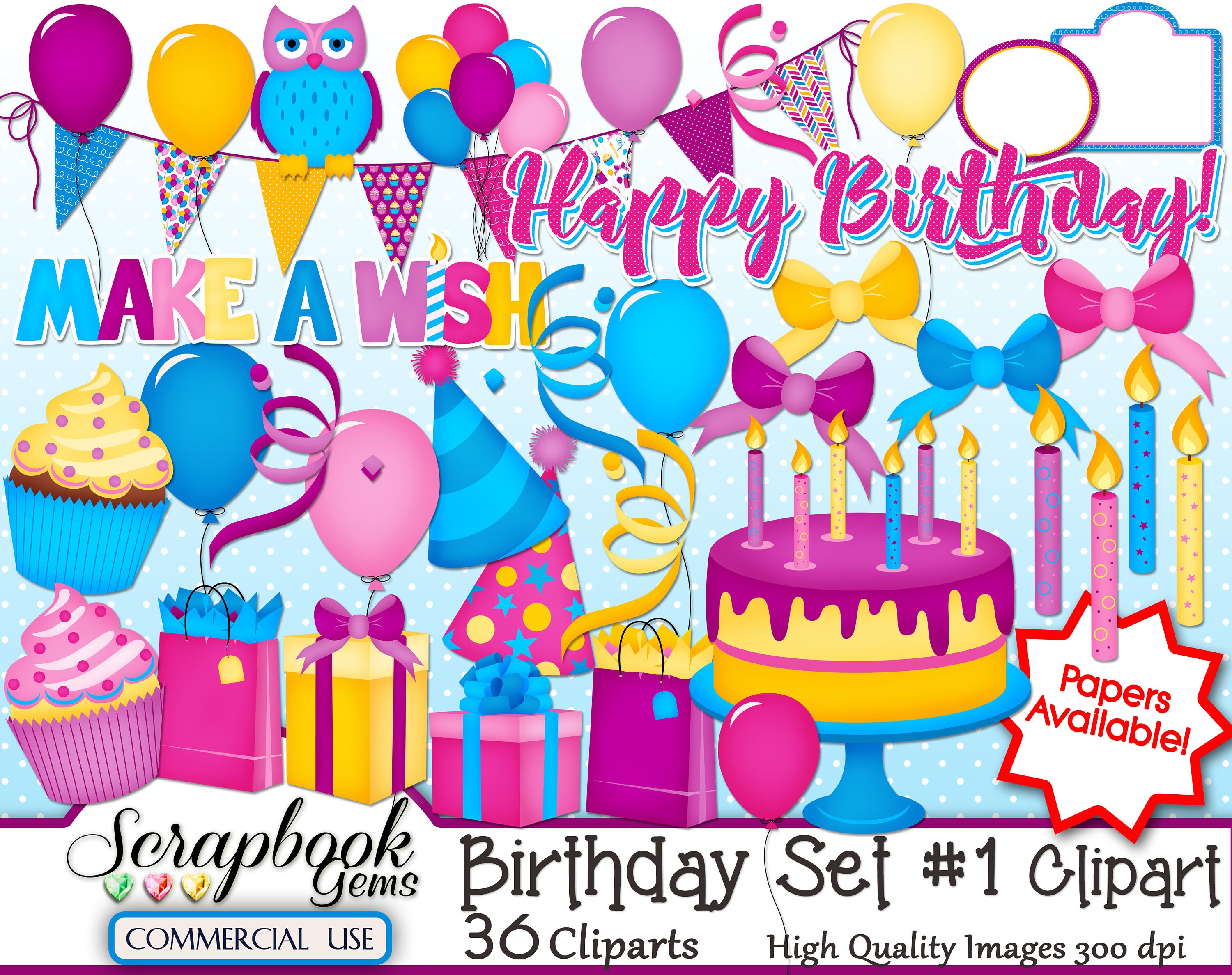 BIRTHDAY Set 1 Clipart and Papers Kit 36 Png Clip Arts 20 - Etsy