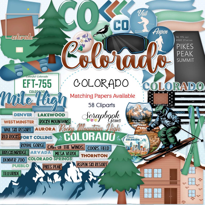 COLORADO Clipart and Papers Kit, 58 Png Clip Arts, 20 Jpeg Papers ...