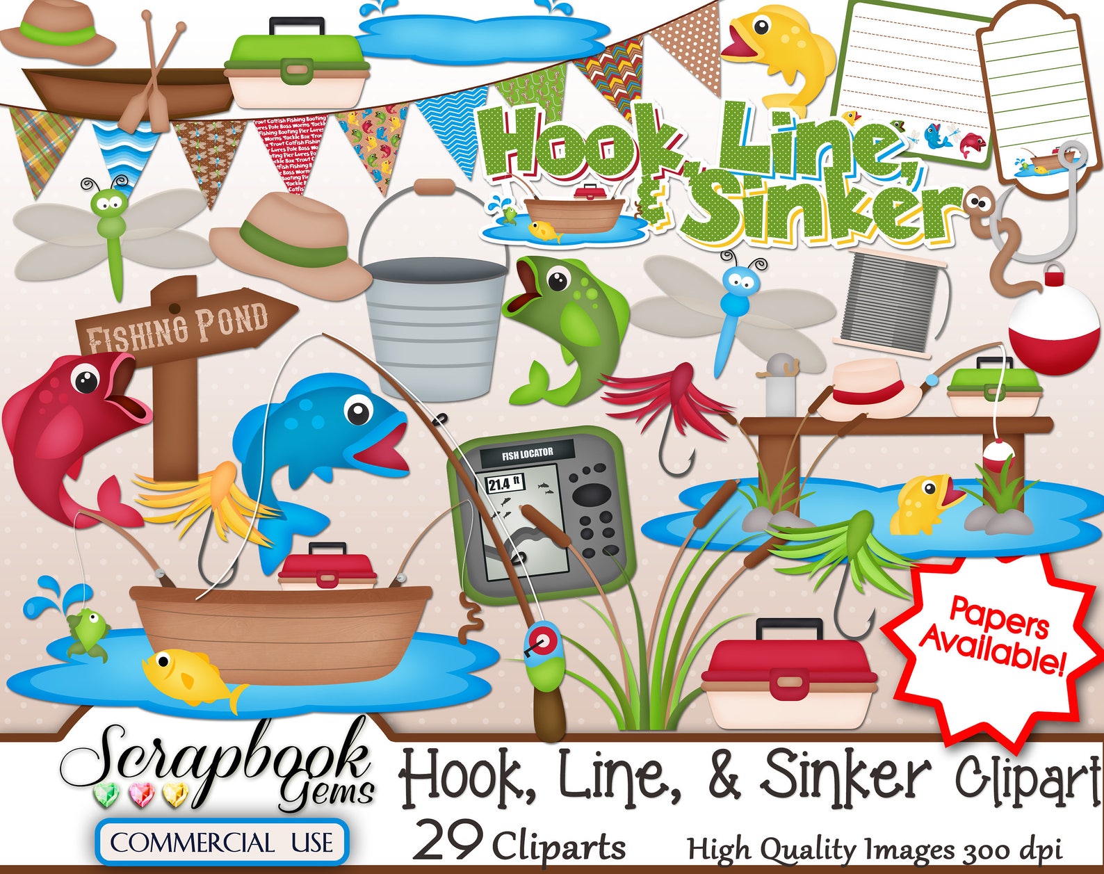 Hook, Line, & Sinker Clipart and Papers Kit, 29 Png Clip Arts, 21 Jpeg ...