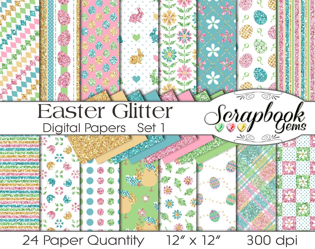 Easter Glitter Digital Papers SET 1, 24 Pieces, 12" X 12", High Quality ...