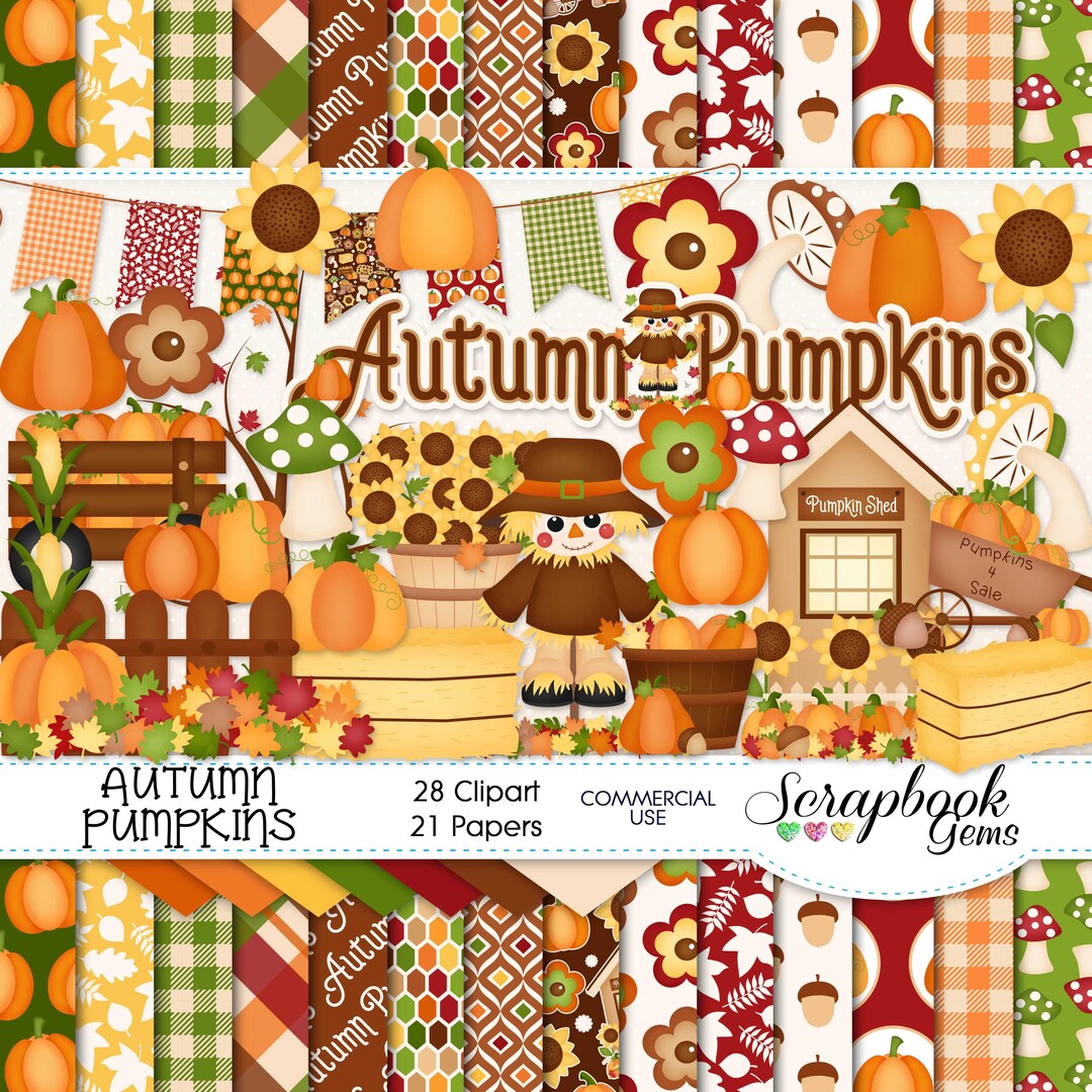 AUTUMN PUMPKINS Clipart & Papers Kit, 28 Png Clipart Files, 21 Jpeg ...