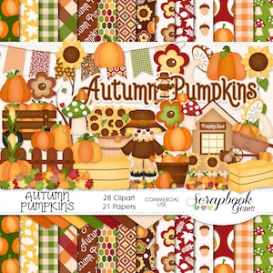 AUTUMN PUMPKINS Clipart & Papers Kit, 28 Png Clipart Files, 21 Jpeg ...