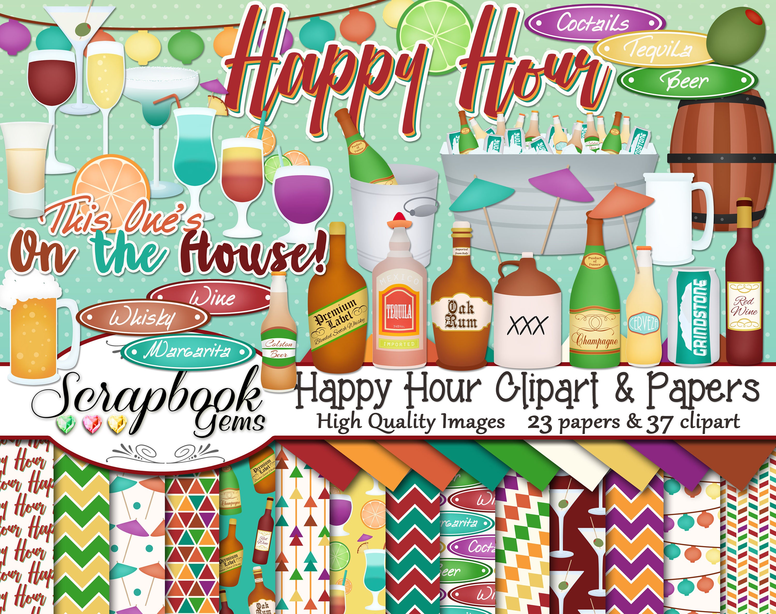 HAPPY HOUR Clipart and Papers Kit 37 png Clip Arts 23 jpeg | Etsy