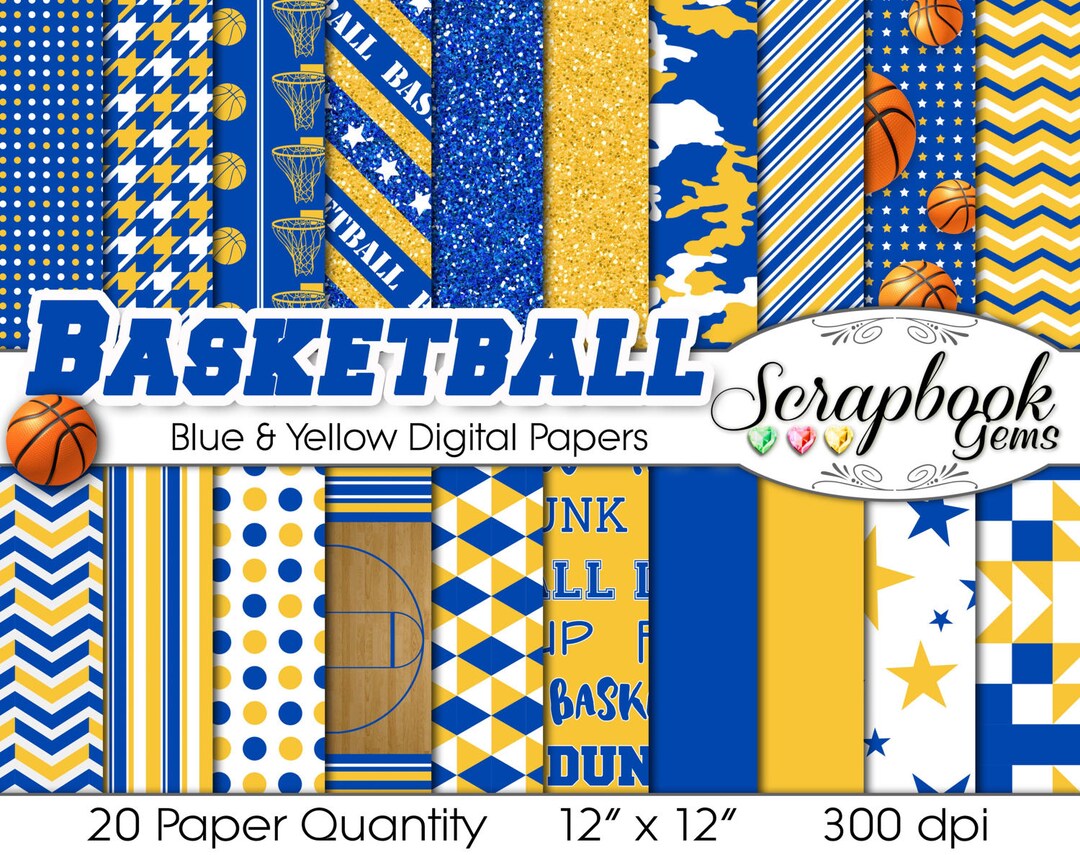 Basketball Digital Papers Blue, Yellow, & White, 20 Pieces, 12" X 12 ...
