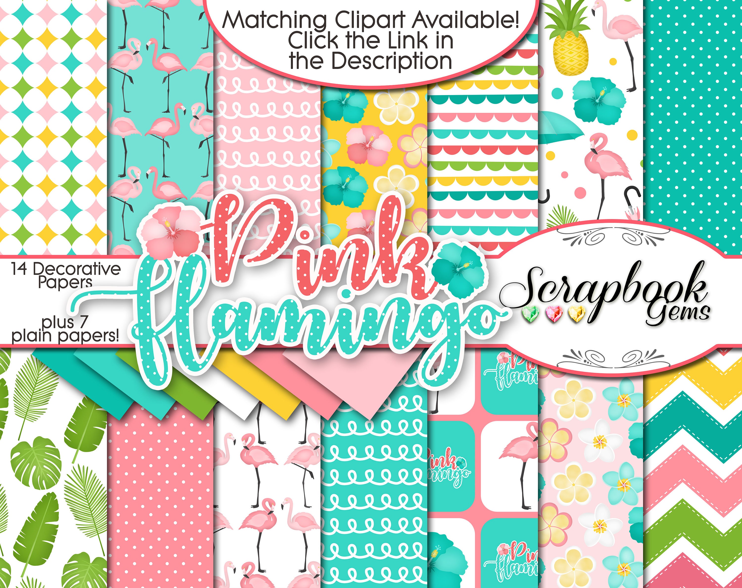 PINK FLAMINGO Clipart and Papers Kit, 27 Png Clip Arts, 21 Jpeg Papers ...