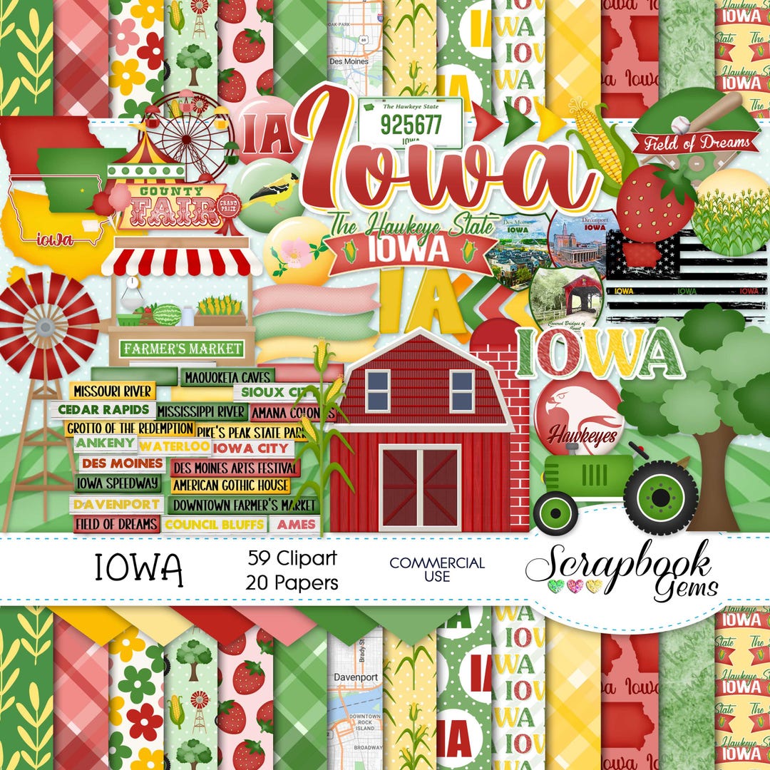 IOWA Clipart and Papers Kit, 59 Png Clip Arts, 20 Jpeg Papers Instant ...