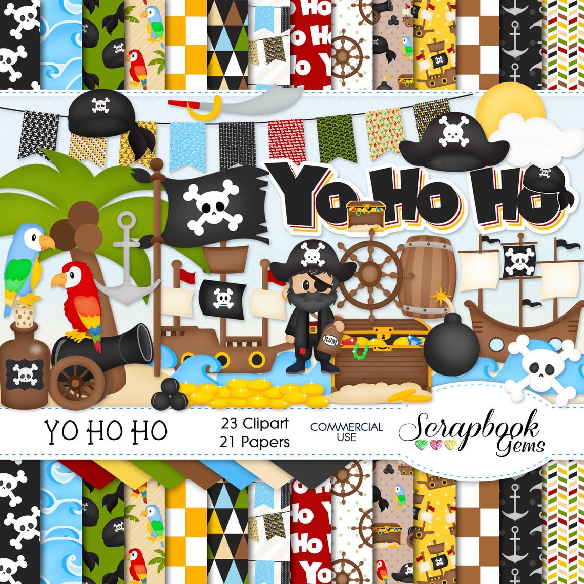 YO HO HO Pirates Clipart & Papers Kit, 23 Png Clipart Files, 21 Jpeg ...