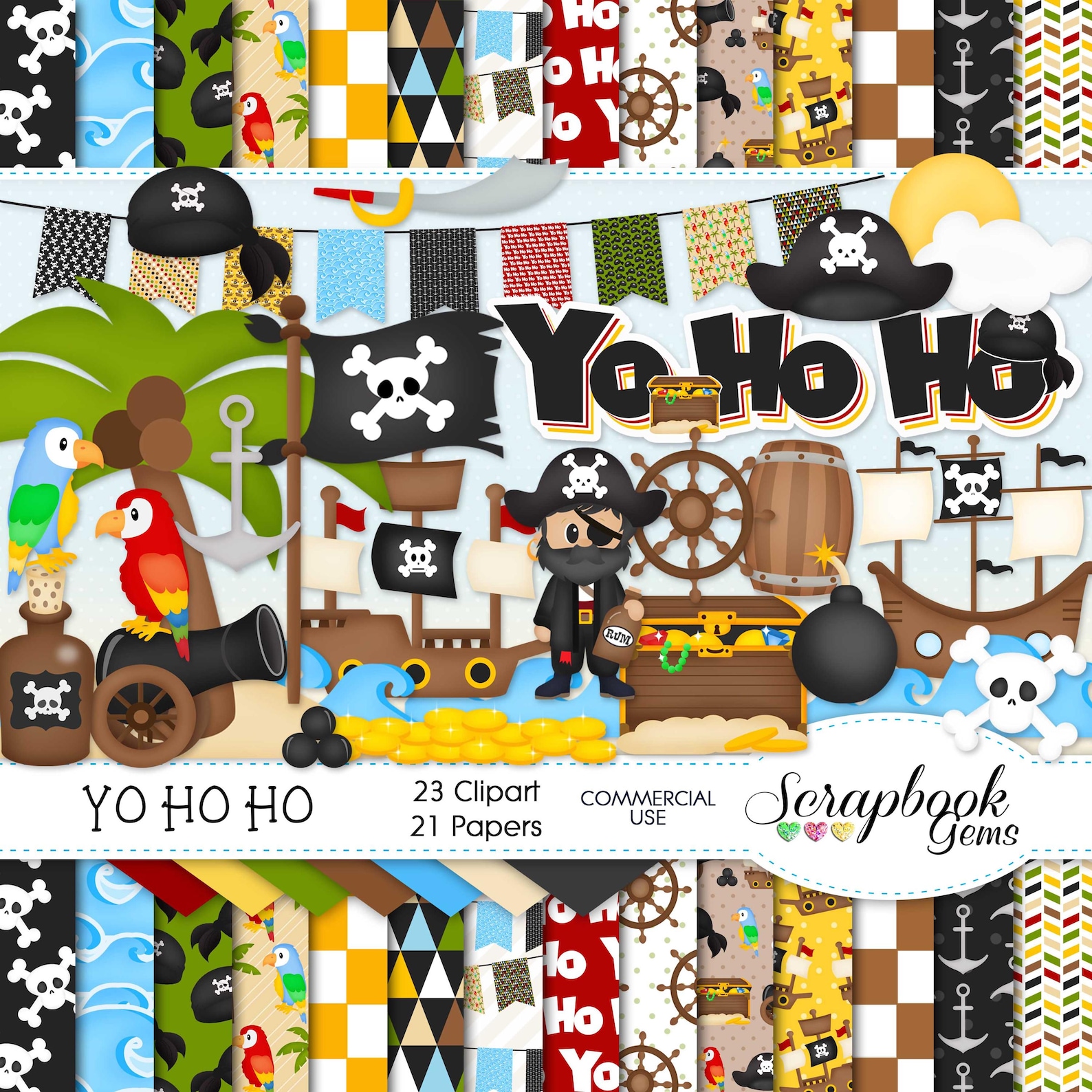 YO HO HO Pirates Clipart & Papers Kit, 23 Png Clipart Files, 21 Jpeg ...