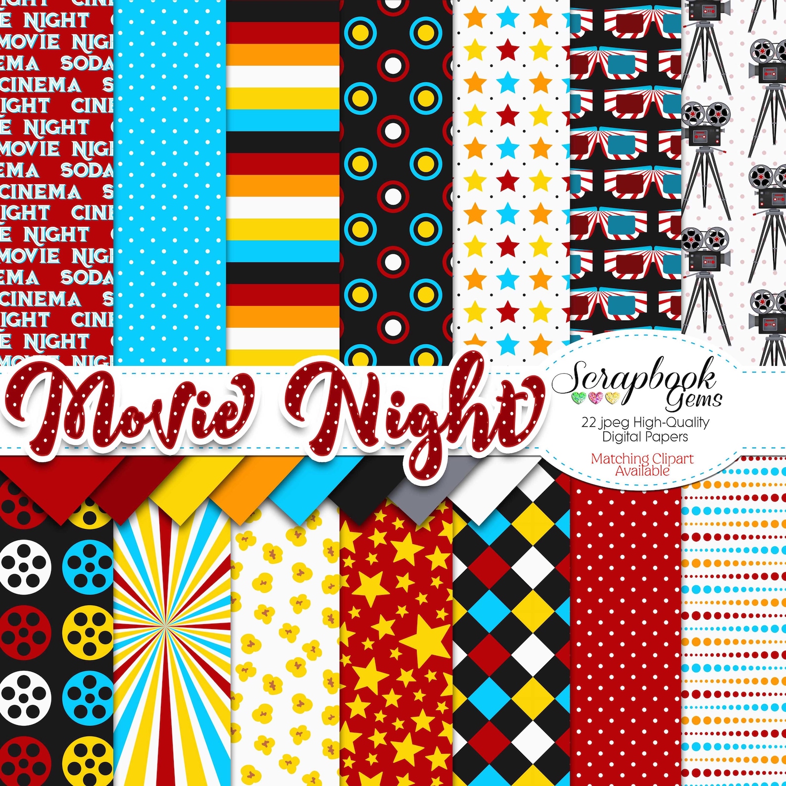 MOVIE NIGHT Clipart and Papers Kit, 30 Png Clip Arts, 22 Jpeg Papers ...