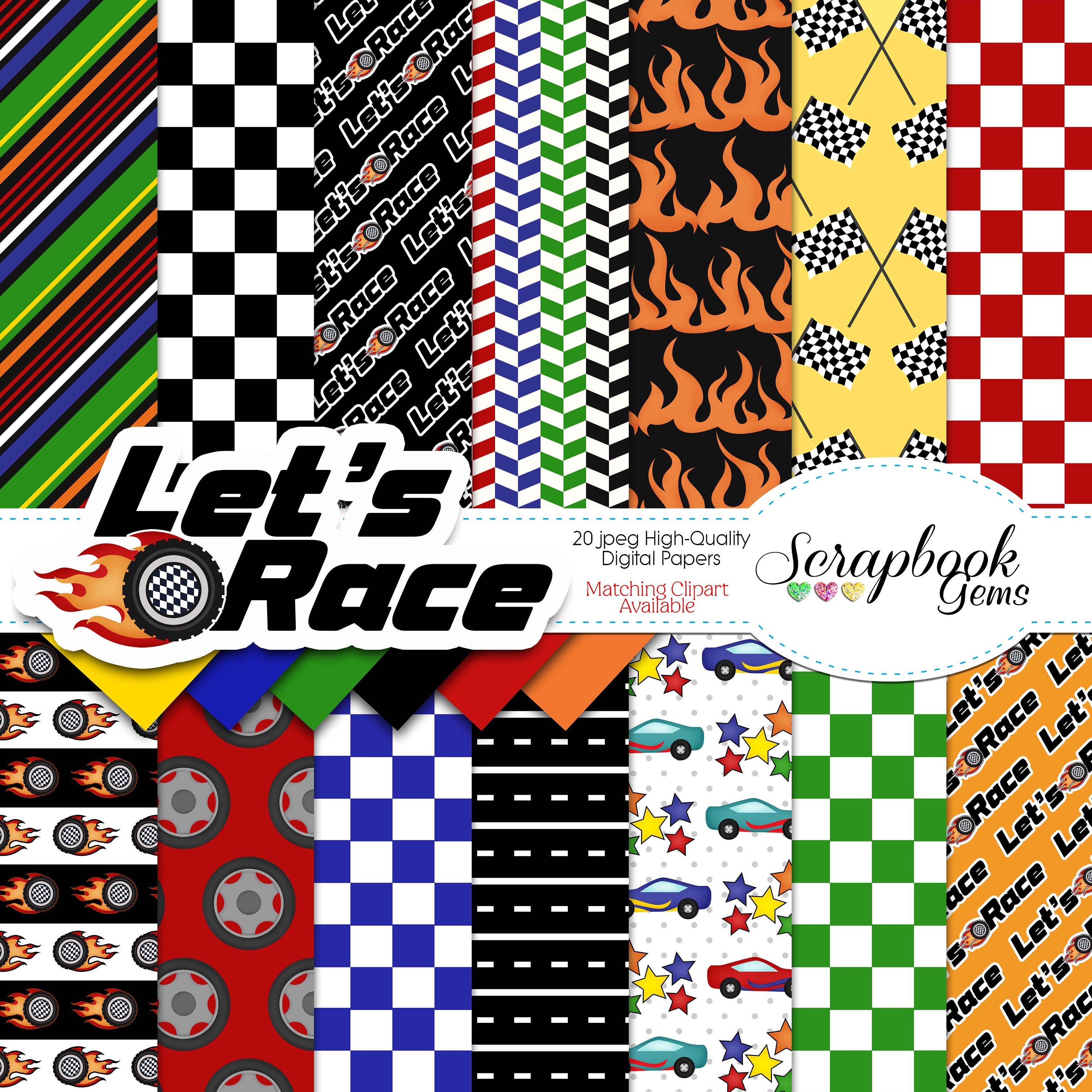 LET'S RACE Digital Papers, 20 Pieces, 12" X 12", High Quality Jpegs ...