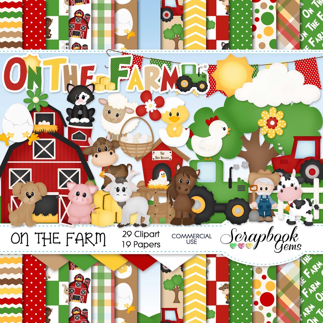 ON THE FARM Clipart & Papers Kit, 29 Png Clipart Files, 19 Jpeg Paper ...