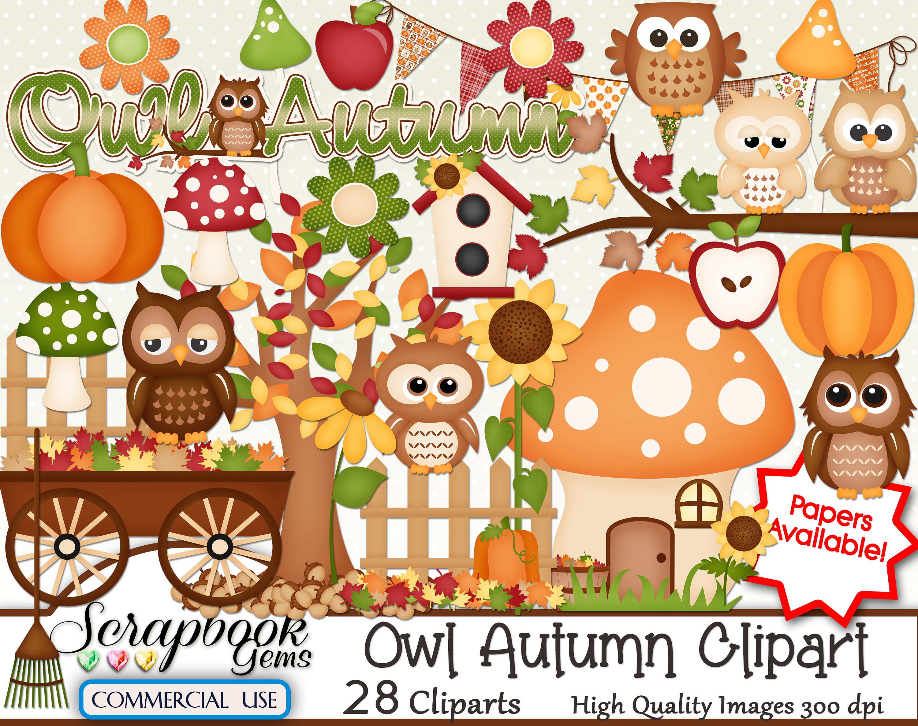 OWL AUTUMN Clipart & Papers Kit 28 Png Clipart Files 21 Jpeg | Etsy