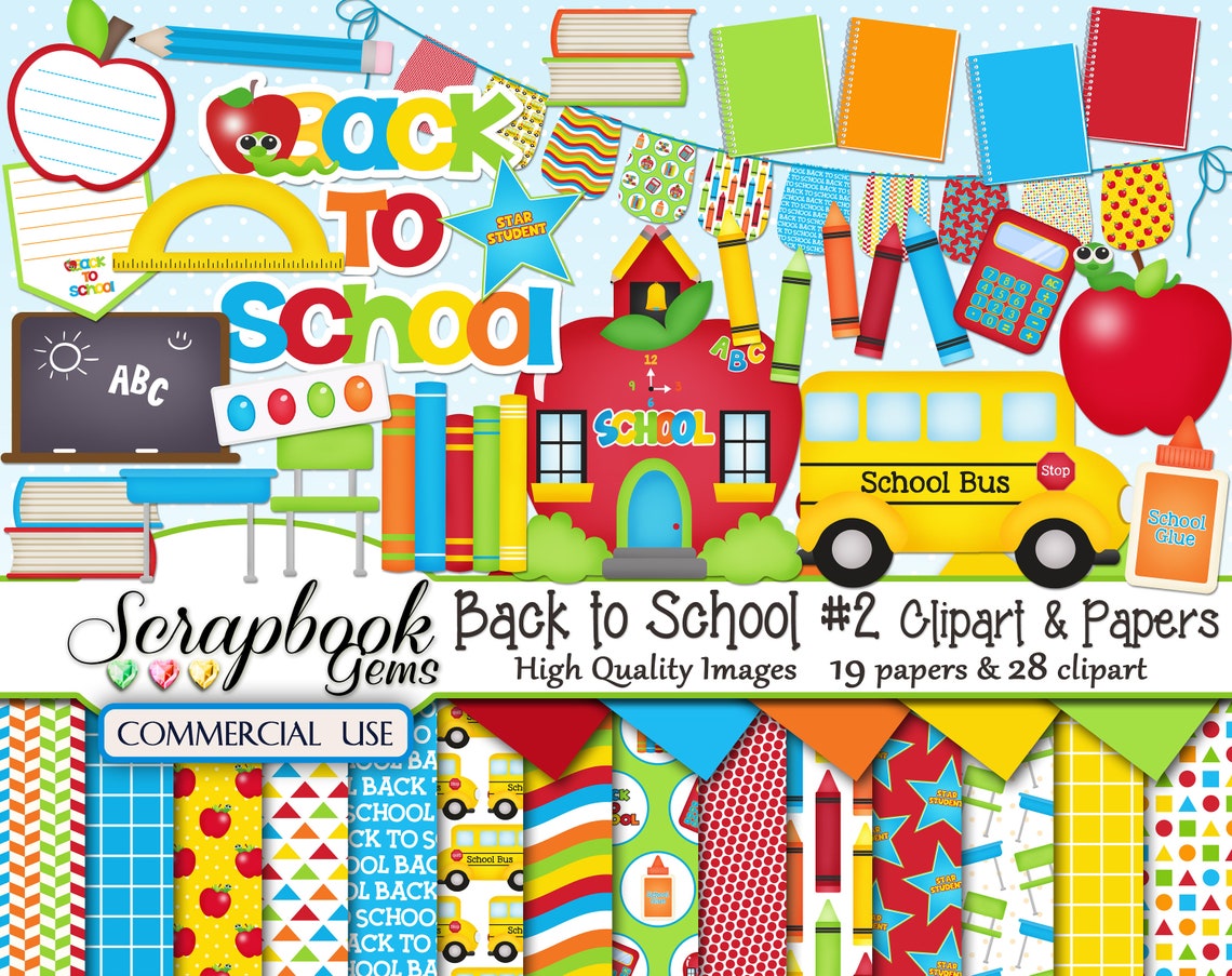SCHOOL BUNDLE - 2 Kits in 1, 56 Cliparts & 38 Papers, Instant Download ...