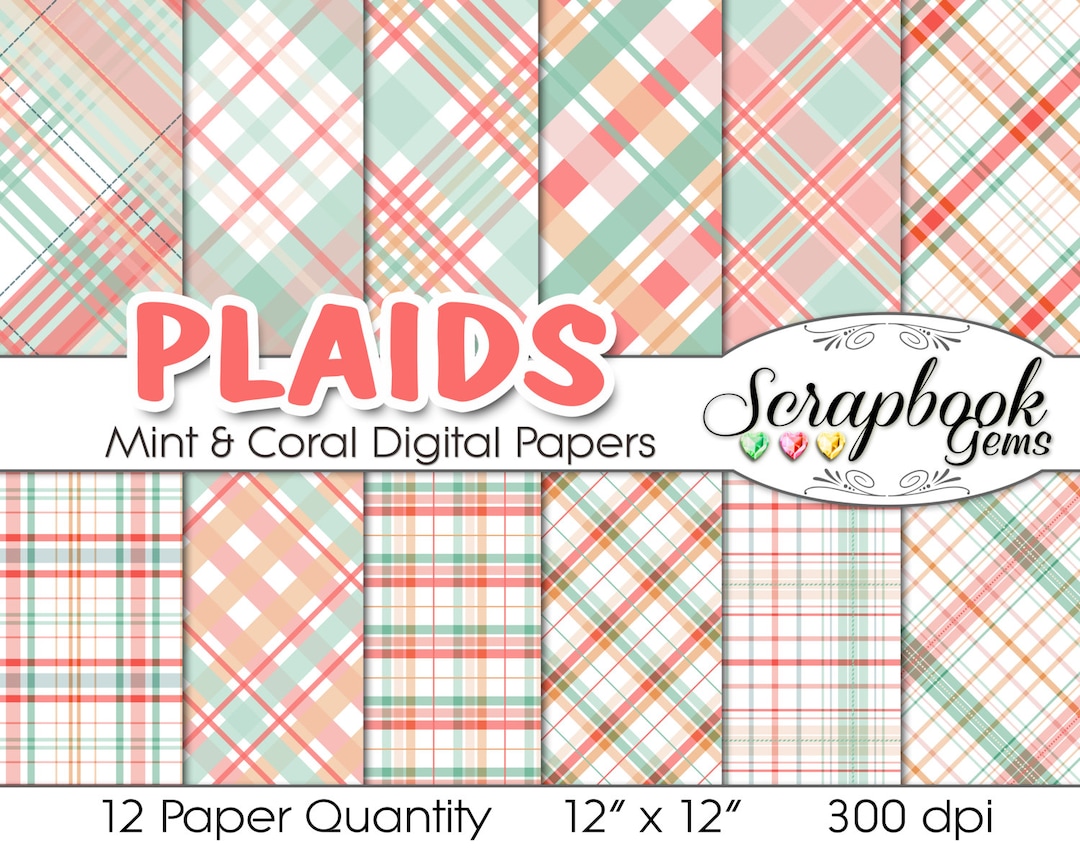 Plaid Mint & Coral Digital Papers, 12 Pieces, 12" X 12", High Quality ...