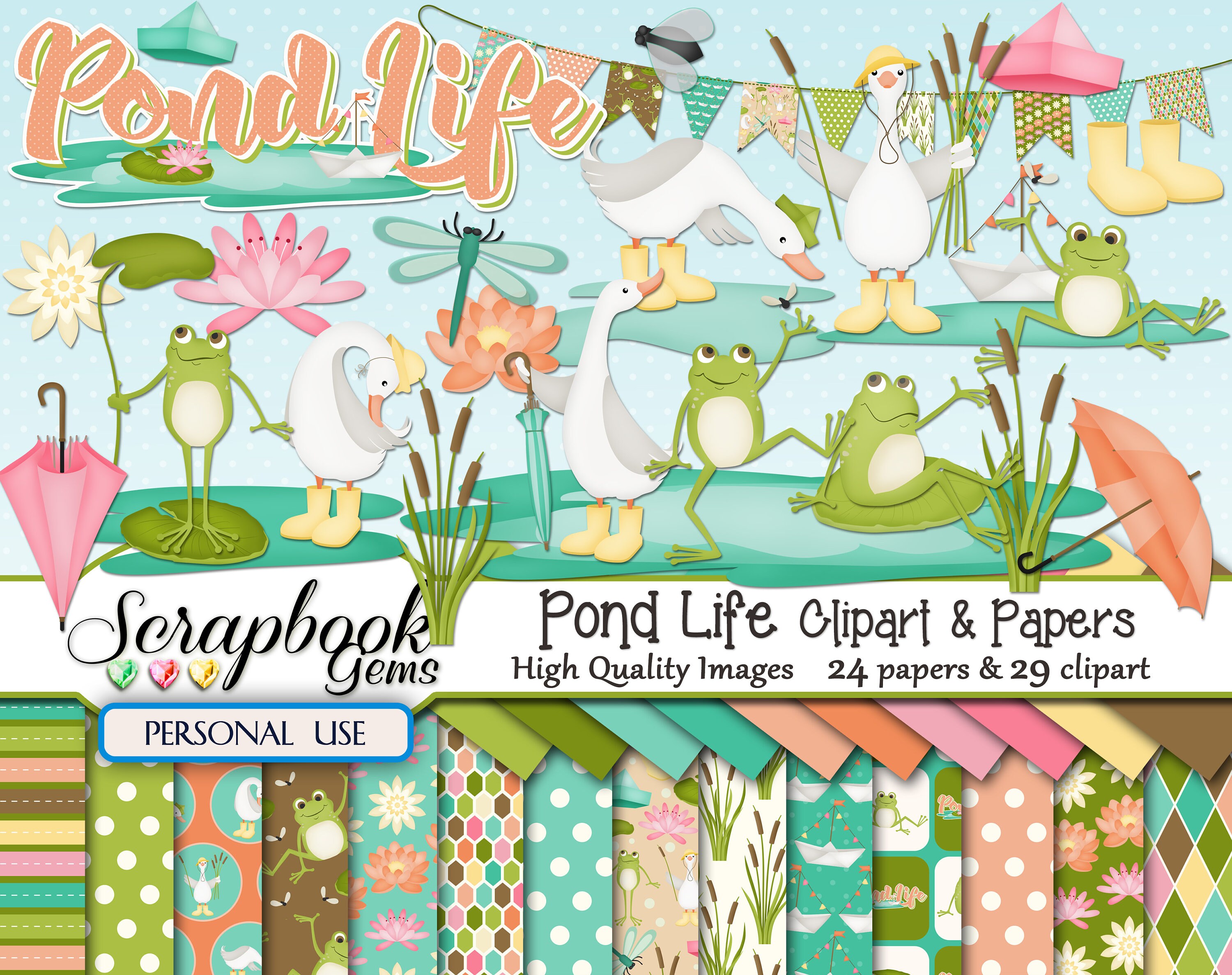 POND LIFE Clipart & Papers Kit 29 Png Clipart Files 24 Jpeg - Etsy