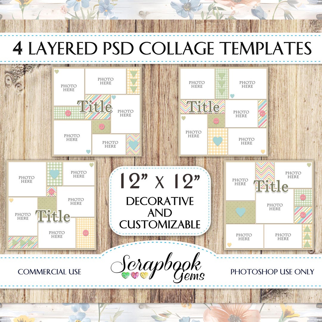Four 12" X 12" Pocket Digital Scrapbook Layered Photo Templates, PSD ...