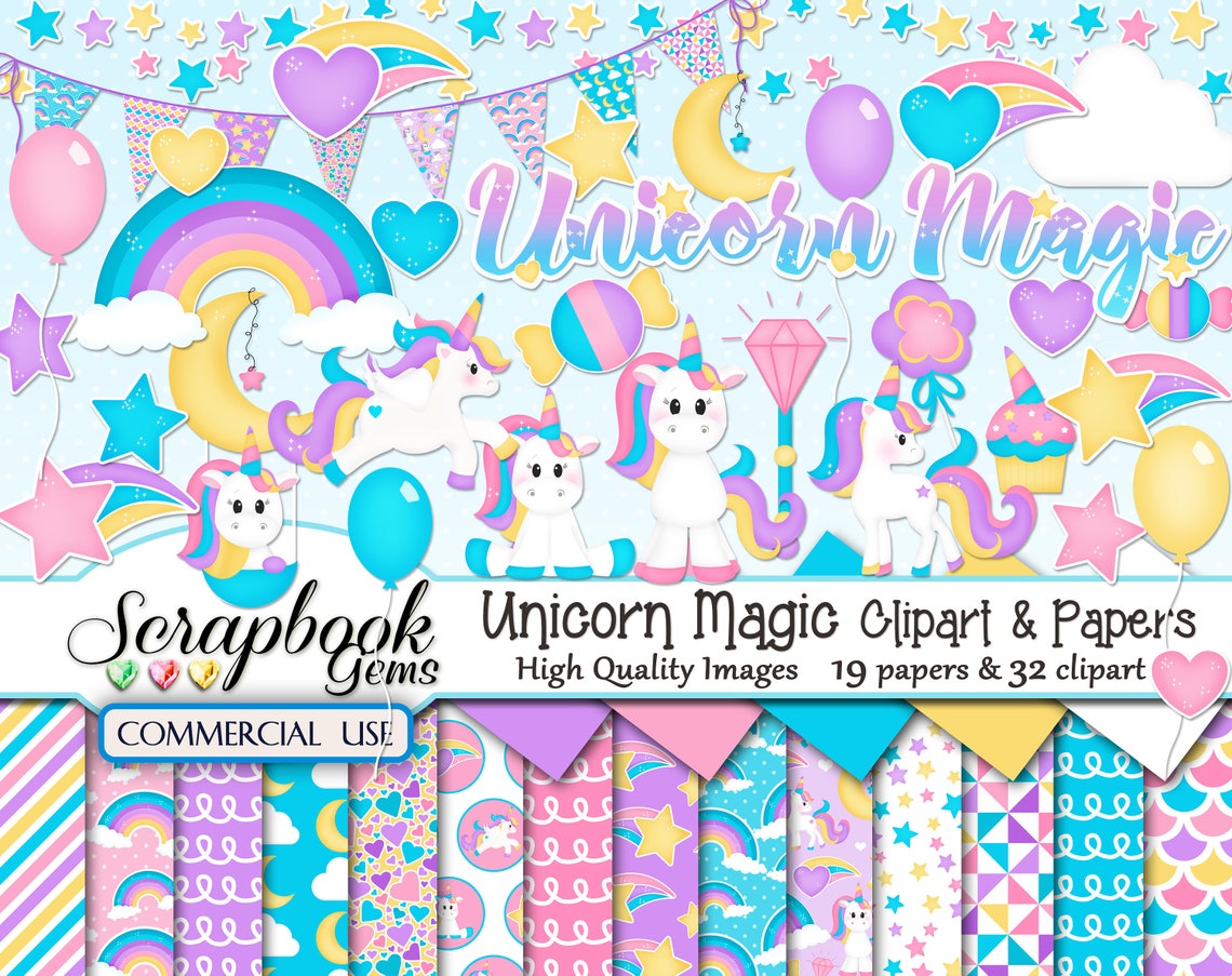 UNICORN MAGIC Clipart & Papers Kit 32 Png Clipart Files 19 | Etsy
