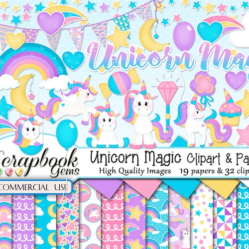 UNICORN MAGIC Clipart & Papers Kit 32 Png Clipart Files 19 | Etsy
