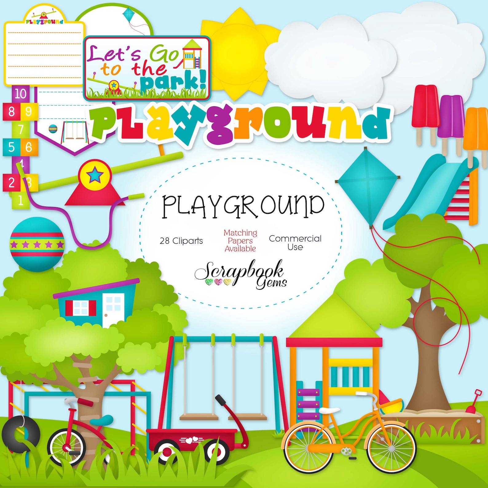 PLAYGROUND Clipart and Papers Kit, 28 Png Clip Arts, 20 Jpeg Papers ...