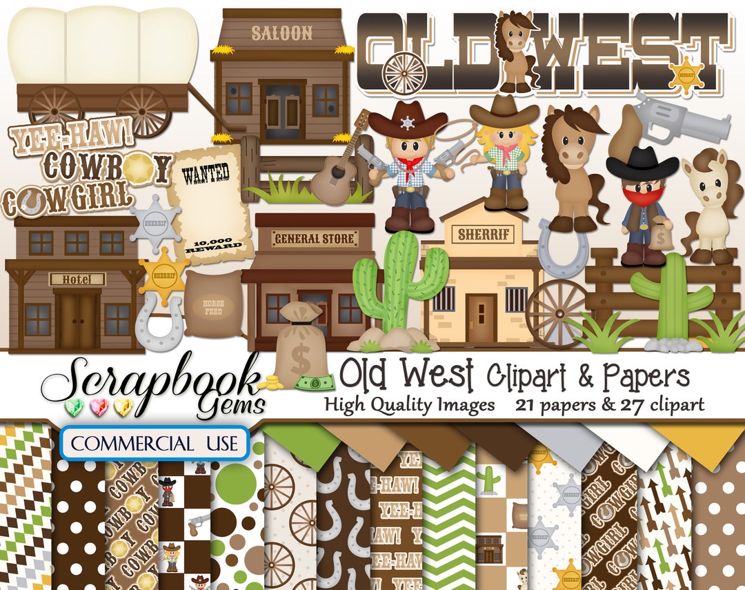 OLD WEST Cowboy Clipart & Papers Kit, 27 Png Clipart Files, 21 Jpeg ...