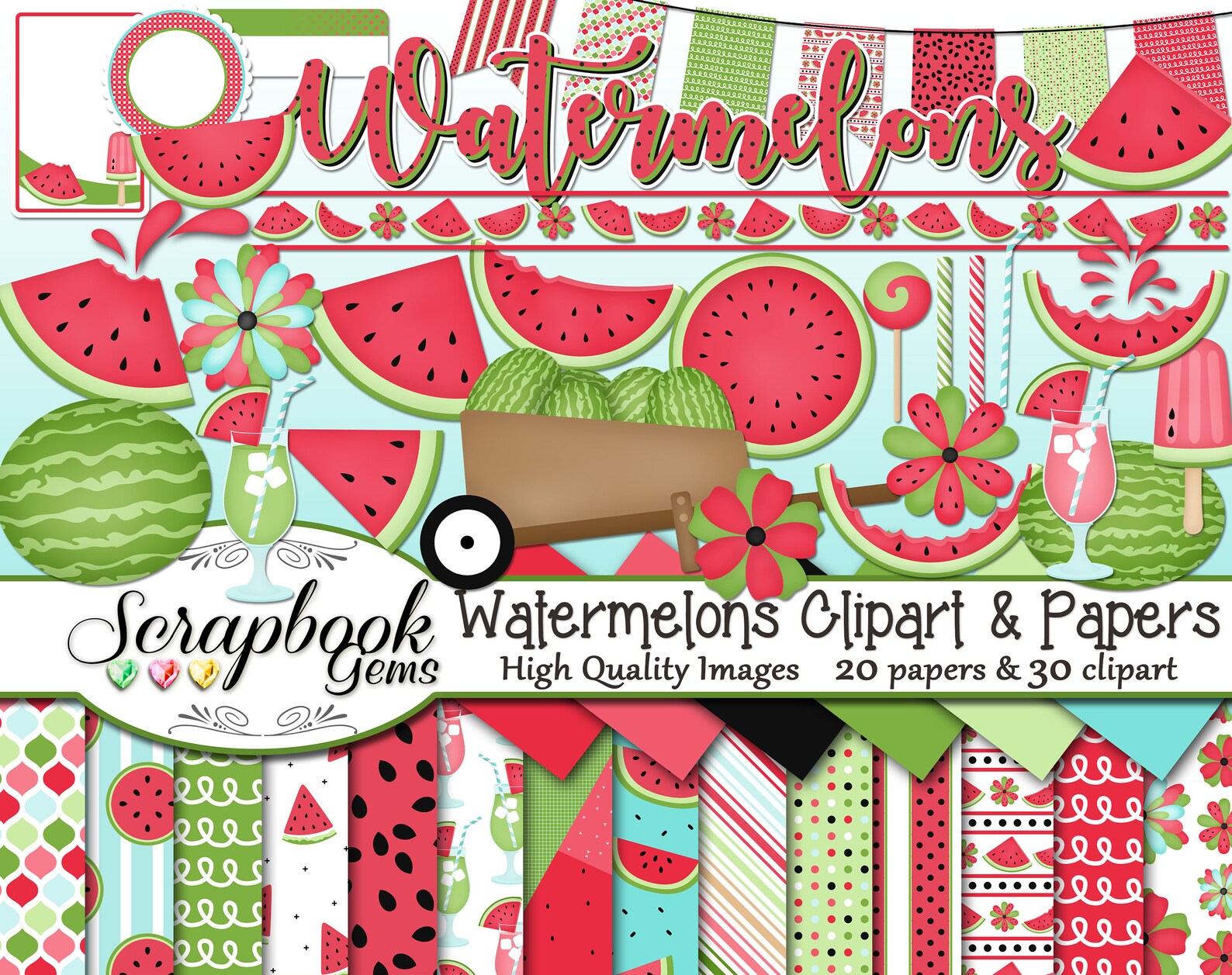 WATERMELONS Clipart and Papers Kit 30 Png Clip Arts 20 Jpeg - Etsy
