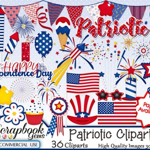 PATRIOTIC Clipart & Papers Kit, 36 Png Clipart Files, 20 Jpeg Paper ...