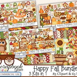 HAPPY FALL BUNDLE - 3 Kits in 1, 85 Cliparts & 63 Papers, Instant ...
