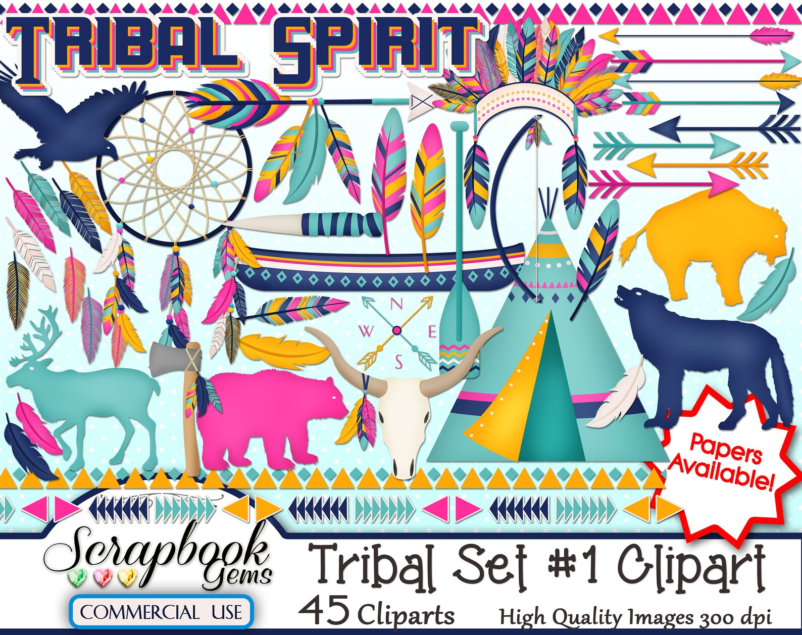 TRIBAL SET #1 Clipart and Papers Kit, 45 Png Clip Arts, 19 Jpeg Papers ...