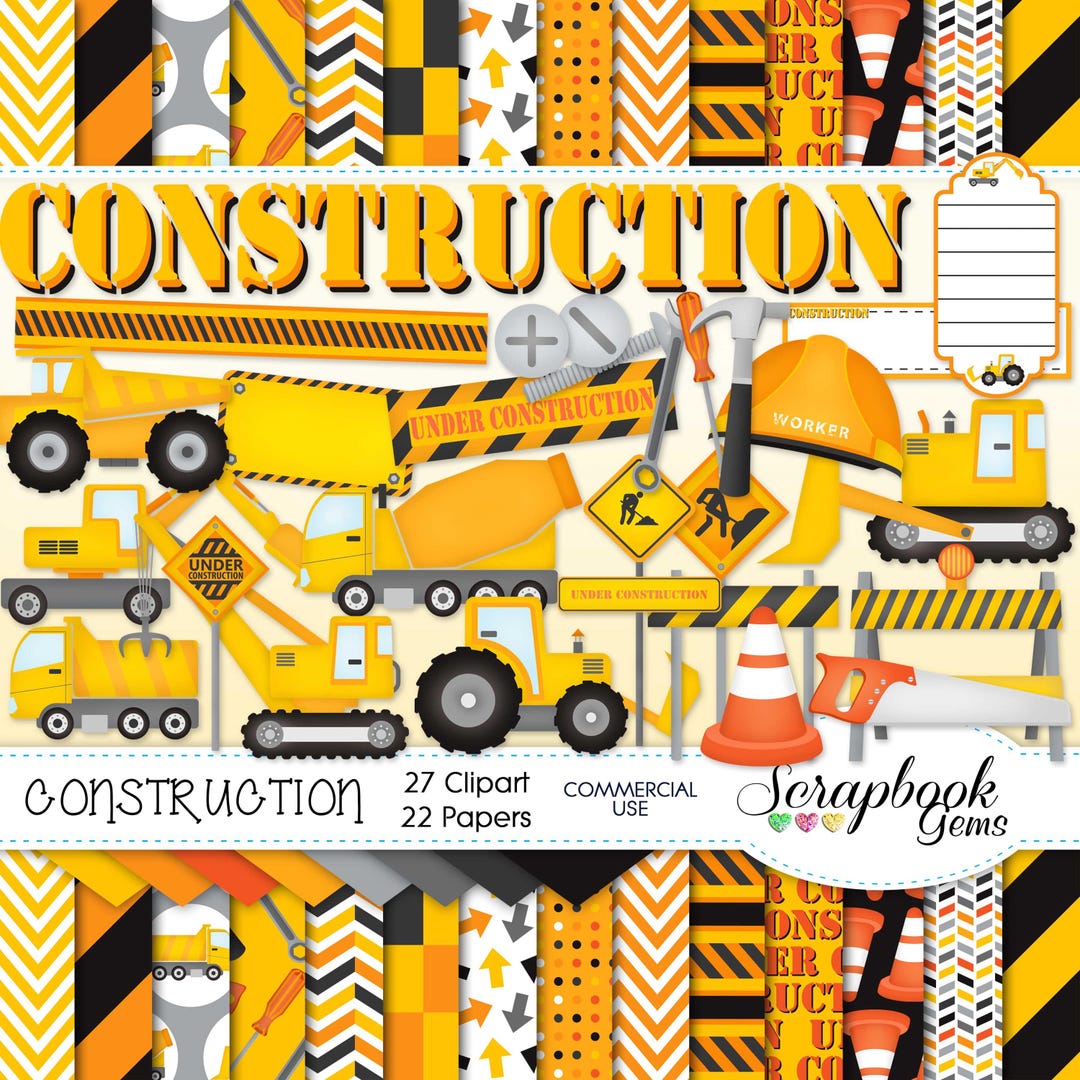CONSTRUCTION Clipart and Papers Kit, 27 Png Clip Arts, 22 Jpeg Papers ...