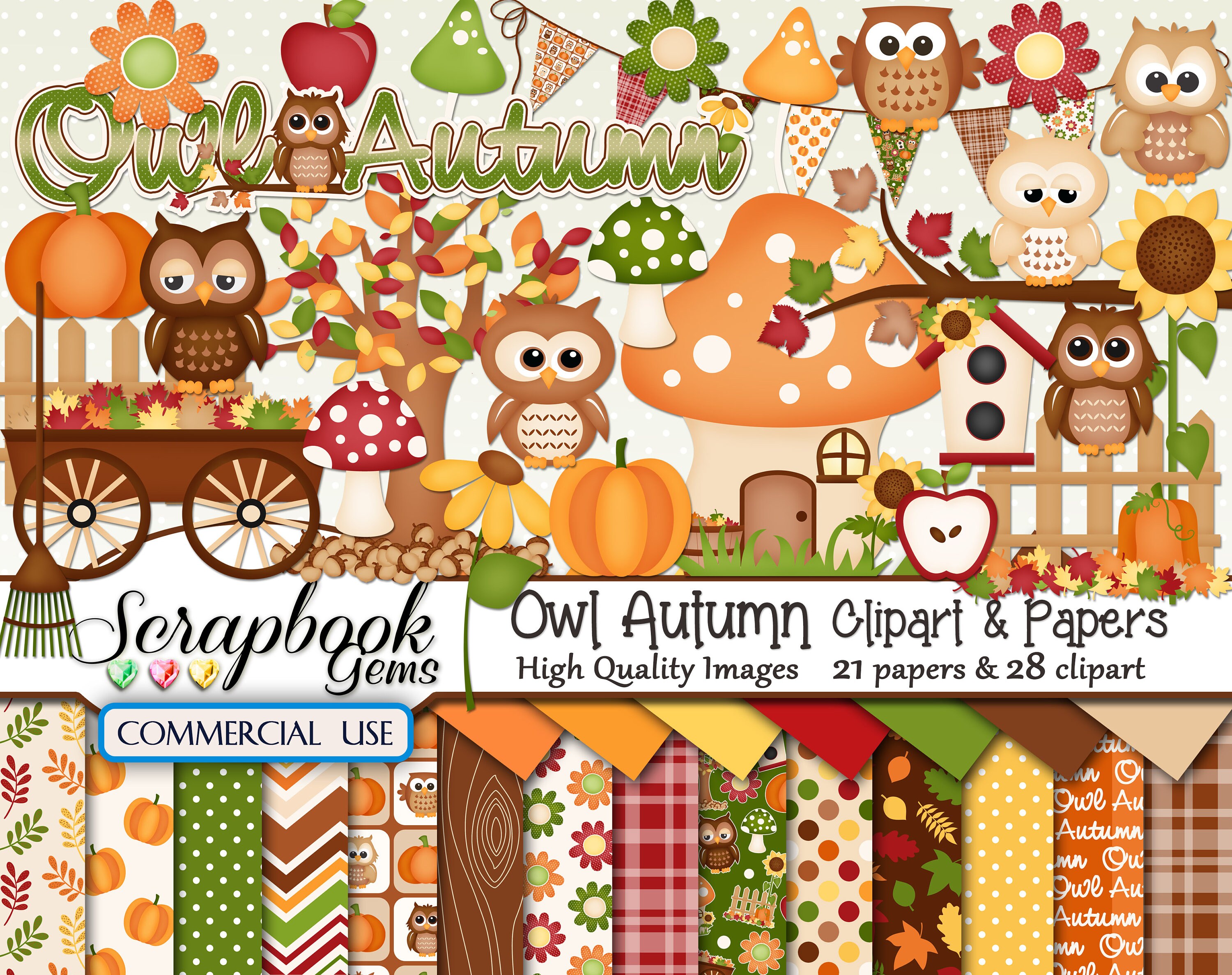 OWL AUTUMN Clipart & Papers Kit 28 Png Clipart Files 21 Jpeg | Etsy