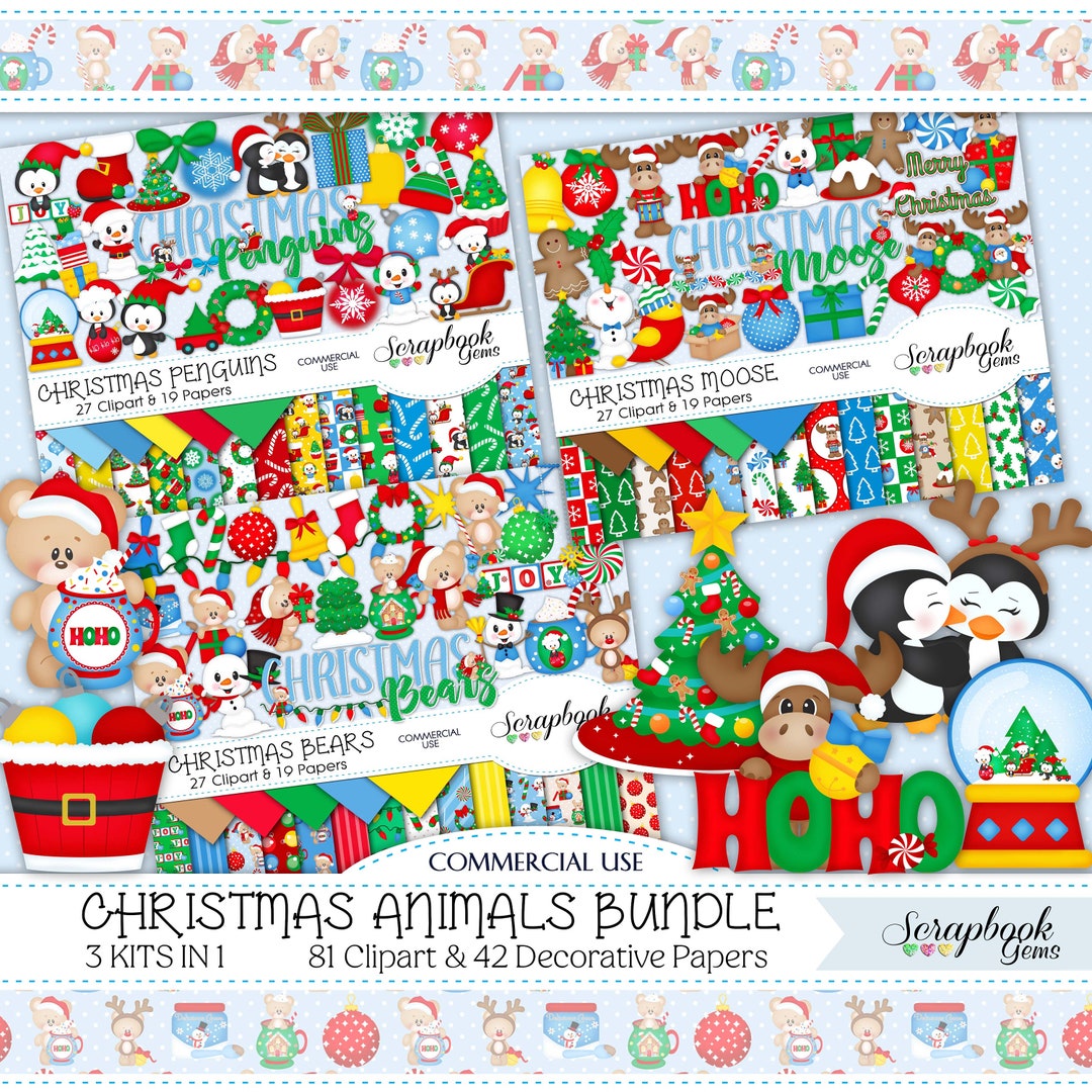 CHRISTMAS ANIMALS BUNDLE - 3 Kits in 1, 80 Cliparts & 42 Decorative ...