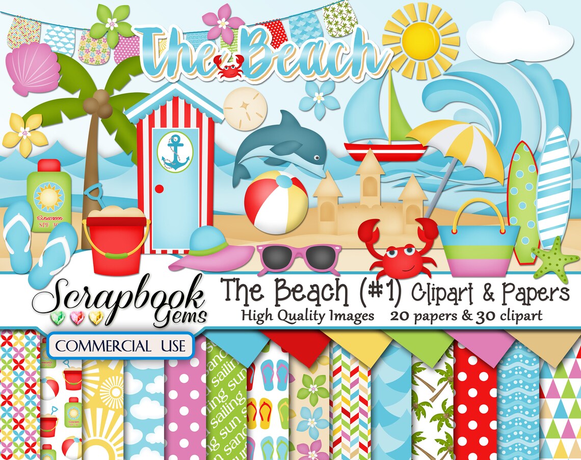 THE BEACH kit 1 Clipart & Papers 30 Png Clipart Files 20 - Etsy